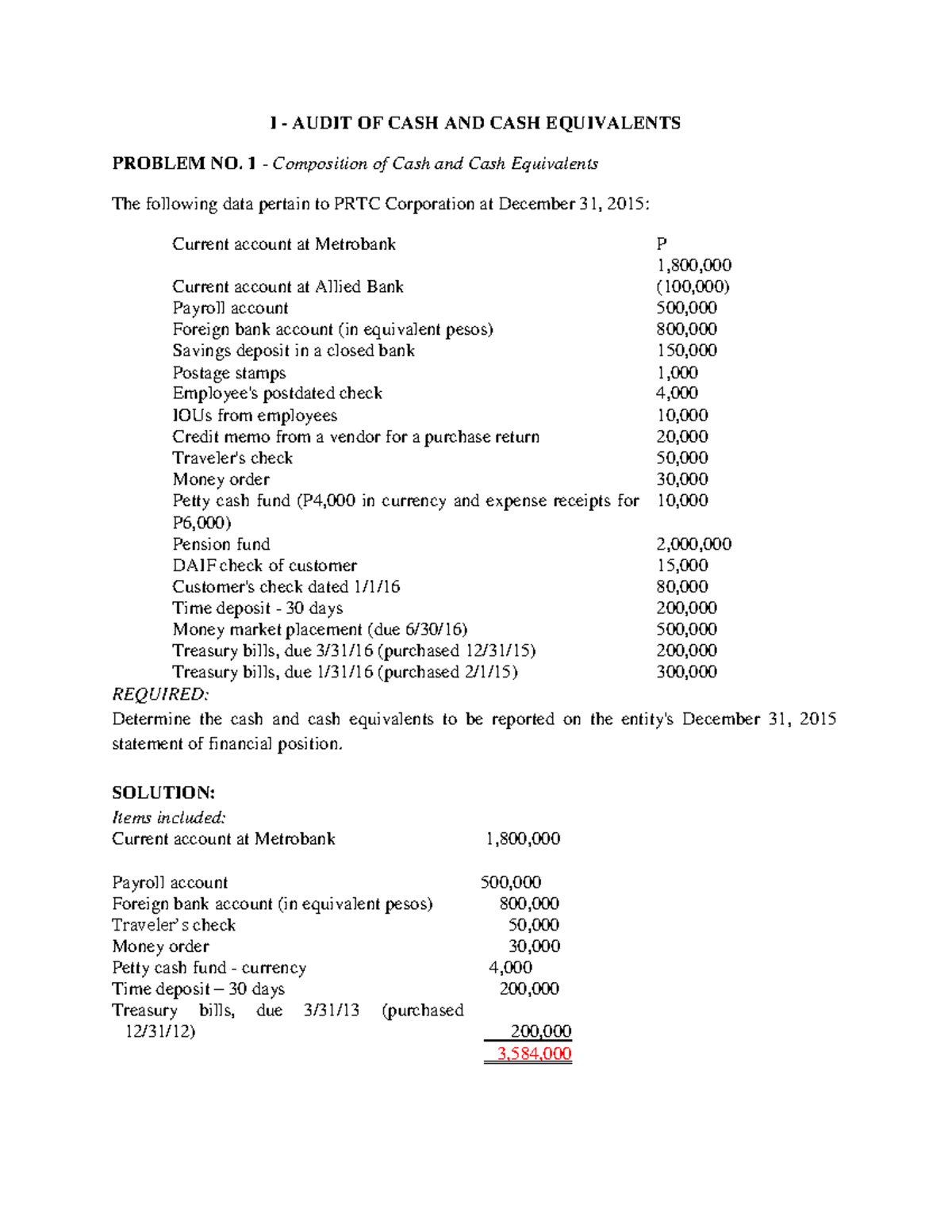 Auditing Prob-Cash-Test Bank - I - AUDIT OF CASH AND CASH EQUIVALENTS ...
