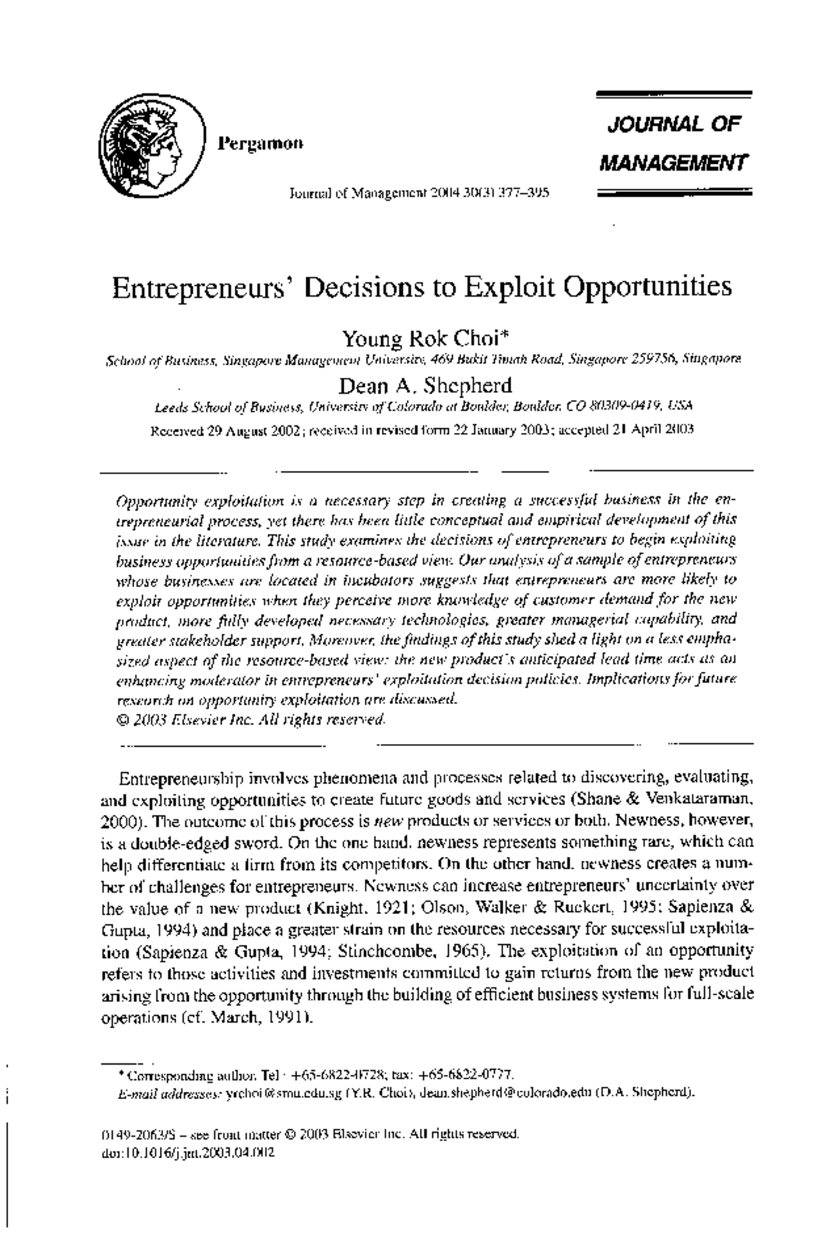 Entrepreneurs Decisions to Exploit Opportunities - JOURNAL OF It~tA1P ...