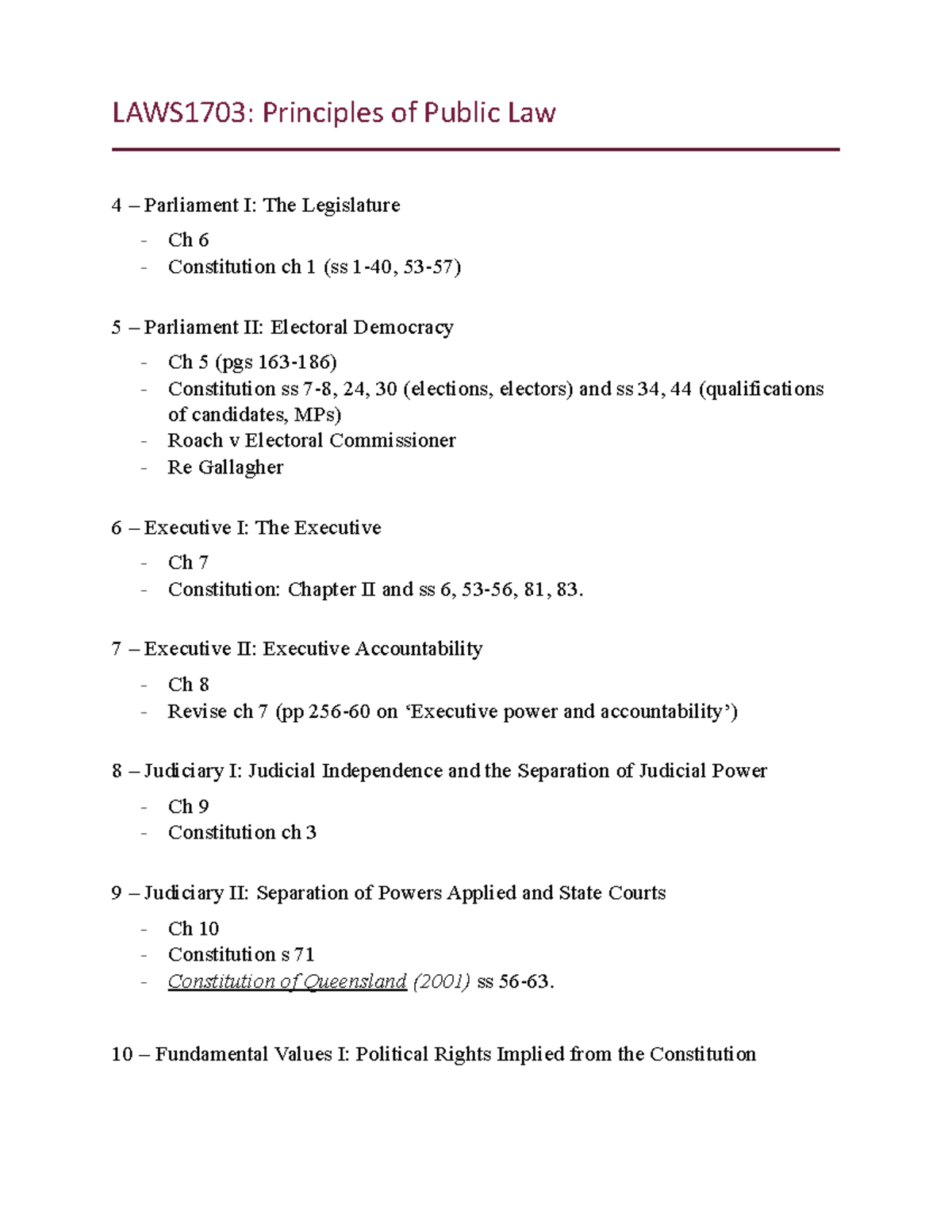 Revision Sheet - LAWS1703: Principles of Public Law 4 – Parliament I ...