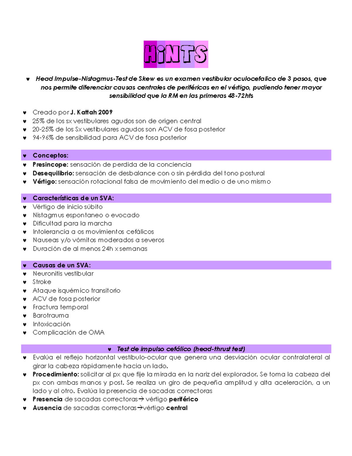 Hints - Apuntes 7 - HINTS Head Impulse-Nistagmus-Test de Skew es un ...