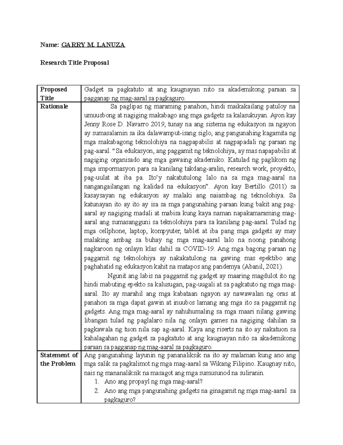 Research Title Proposal Format - Name: GARRY M. LANUZA Research Title ...