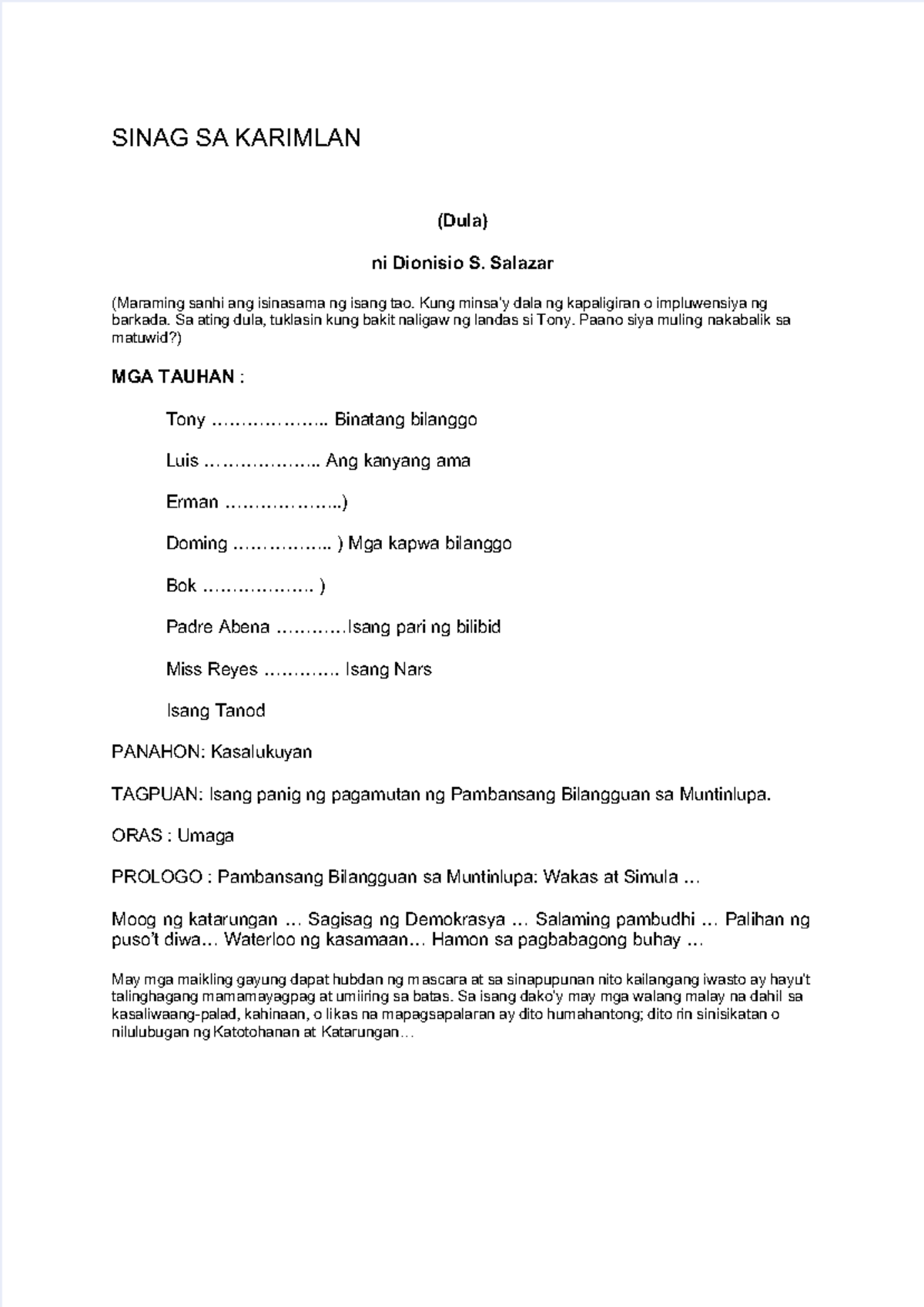 Script - Sinag sa Karimlan - SINAG SA KARIMLAN (Dula) ni Dionisio S. Salazar (Maraming sanhi ang ...
