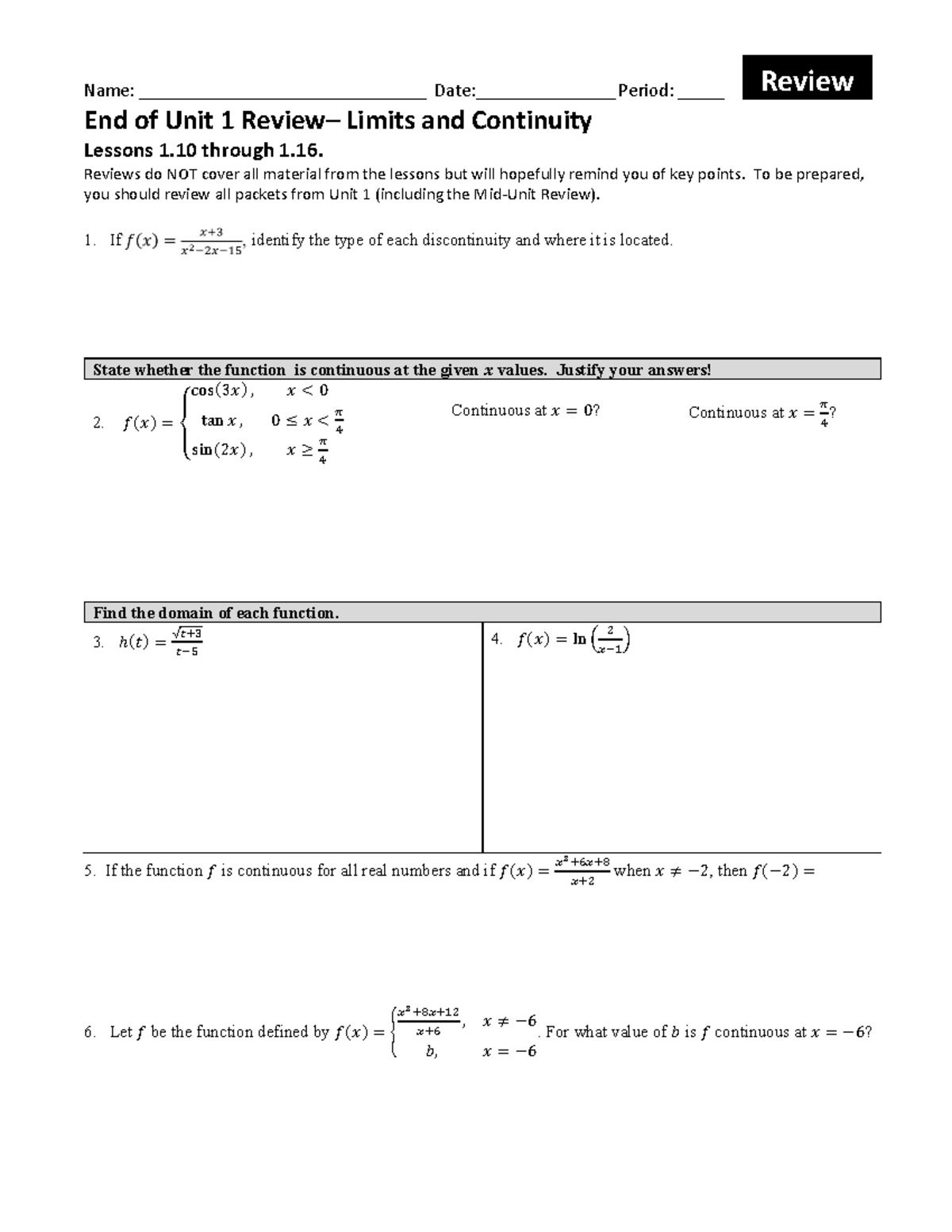 Calc end-of-unit 1 review - Name: _______________________________ Date ...