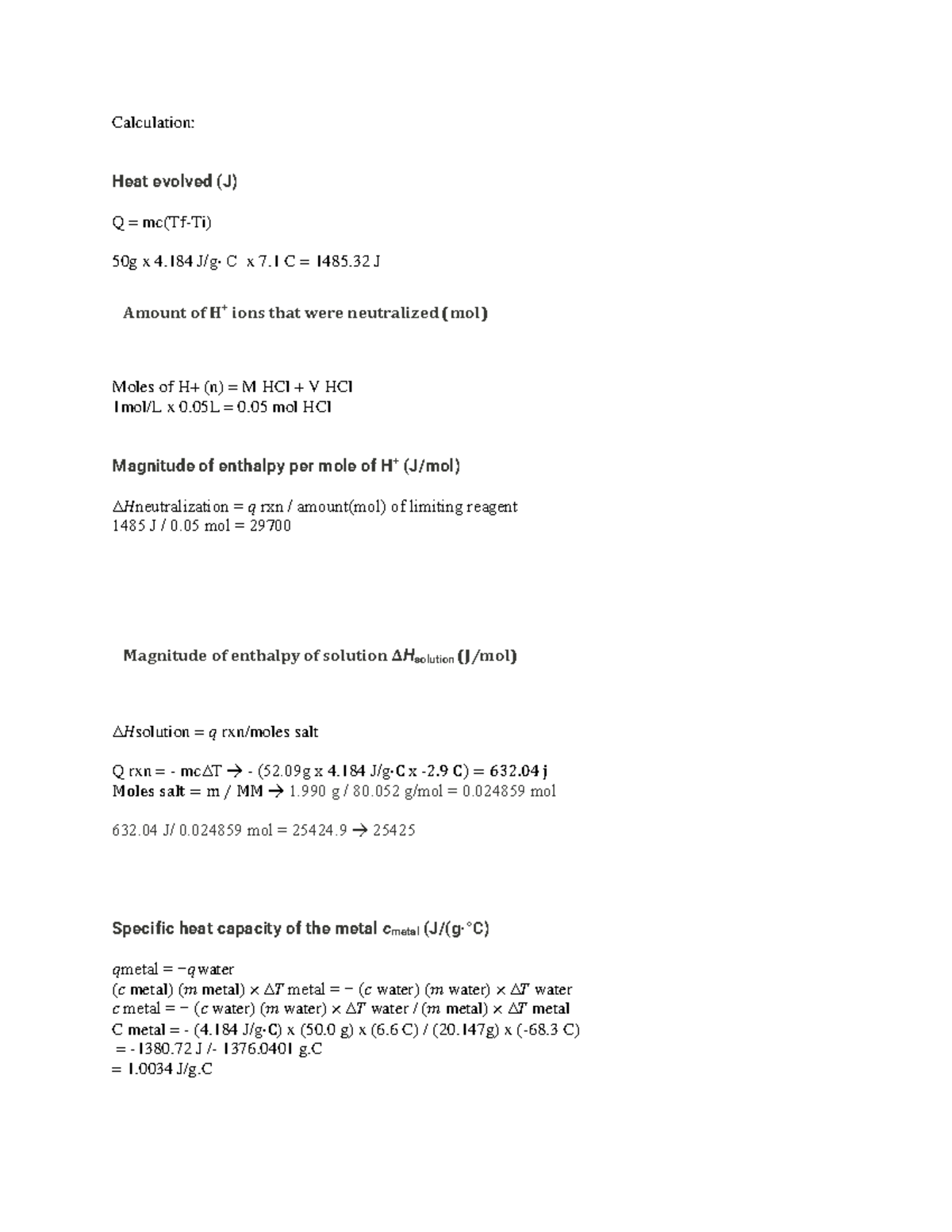 Calculation # of first lab in lab flow - Calculation: Heat evolved (J ...