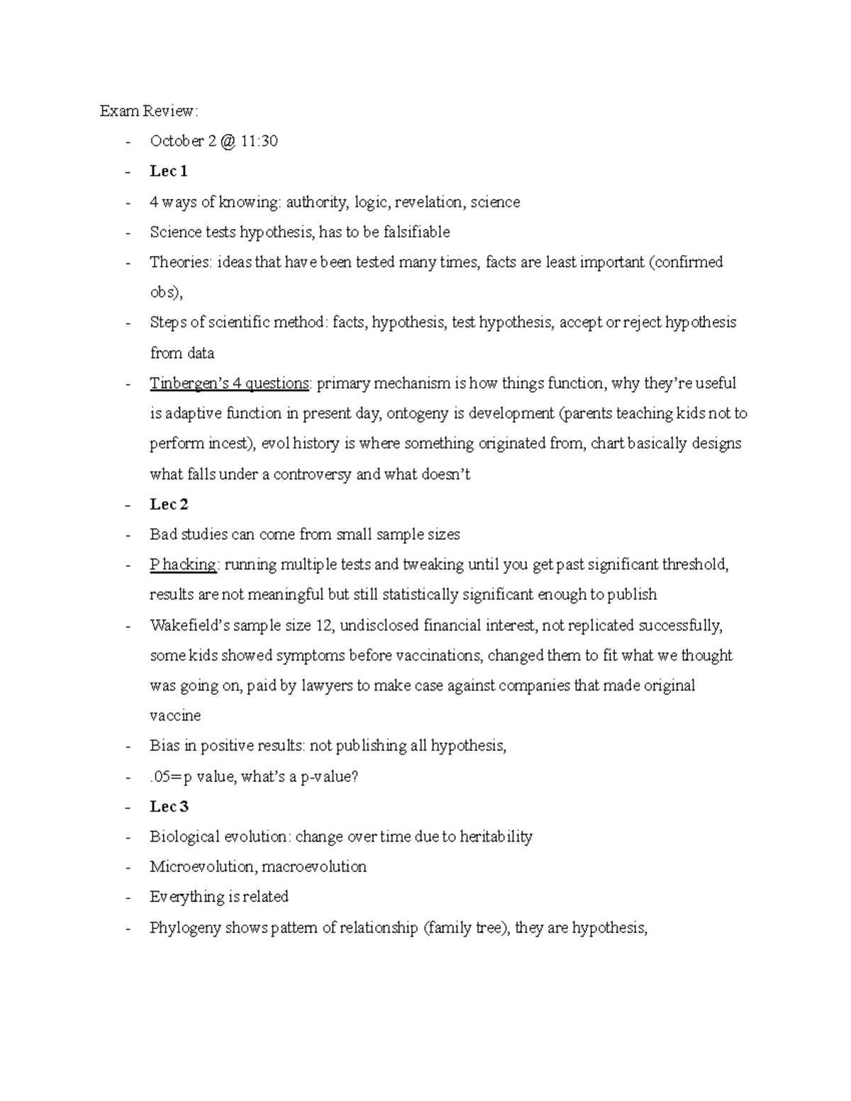 Final Exam Review (Genetics) - Exam Review: - October 2 @ 11: - Lec 1 ...