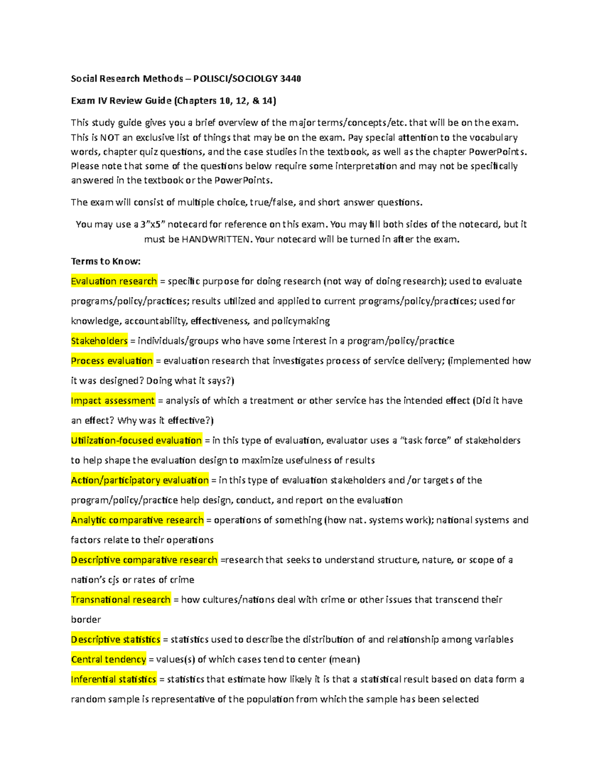 Exam IV Study Guide - Social Research Methods – POLISCI/SOCIOLGY 3440 ...