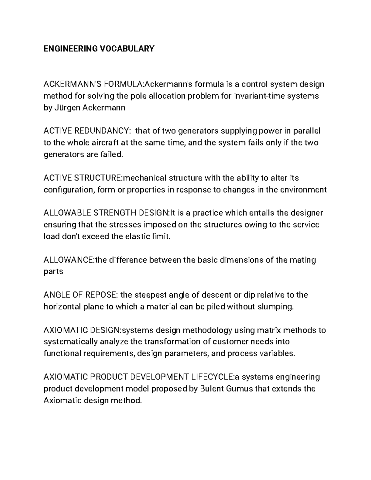 Engineering Vocabulary - ENGINEERING VOCABULARY ACKERMANN'S FORMULA ...