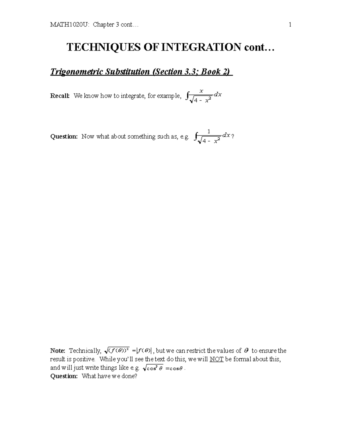 Mod2a Trig Substitution - TECHNIQUES OF INTEGRATION cont ...
