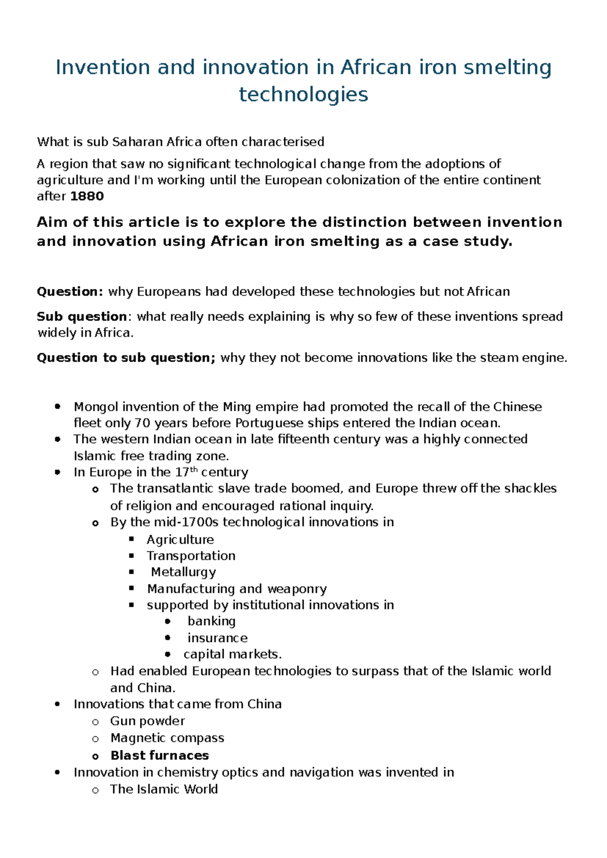 Has reading 1 notes 2024 - Invention and innovation in African iron ...