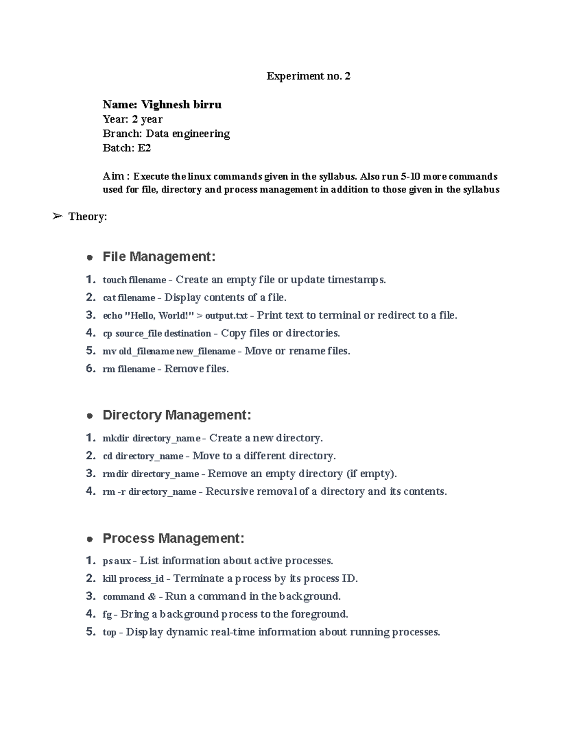 OS Experiment no - OS - Experiment no. 2 Name: Vighnesh birru Year: 2 year Branch: Data ...
