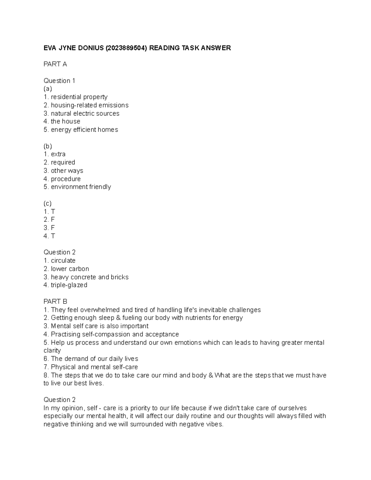 Reading TASK Answer - EVA JYNE DONIUS (2023889504) READING TASK ANSWER ...