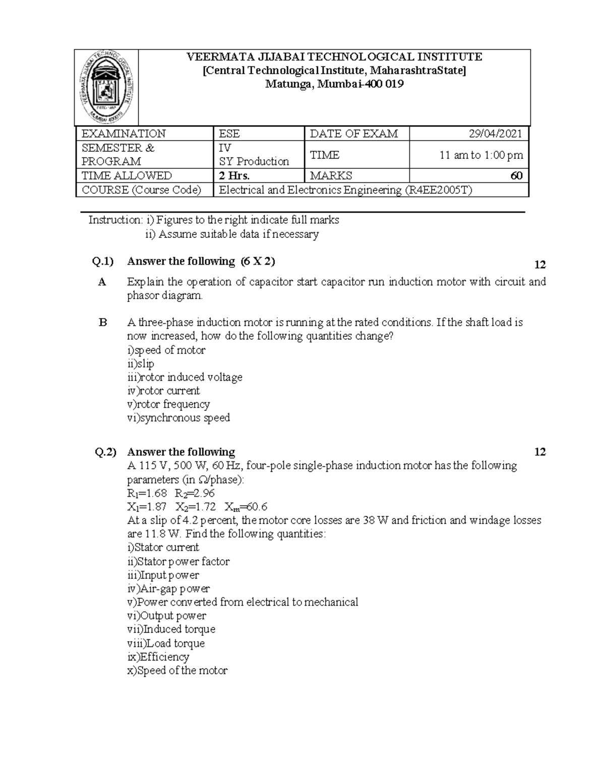 ESE EEE Paper MU VJTI - VEERMATA JIJABAI TECHNOLOGICAL INSTITUTE ...
