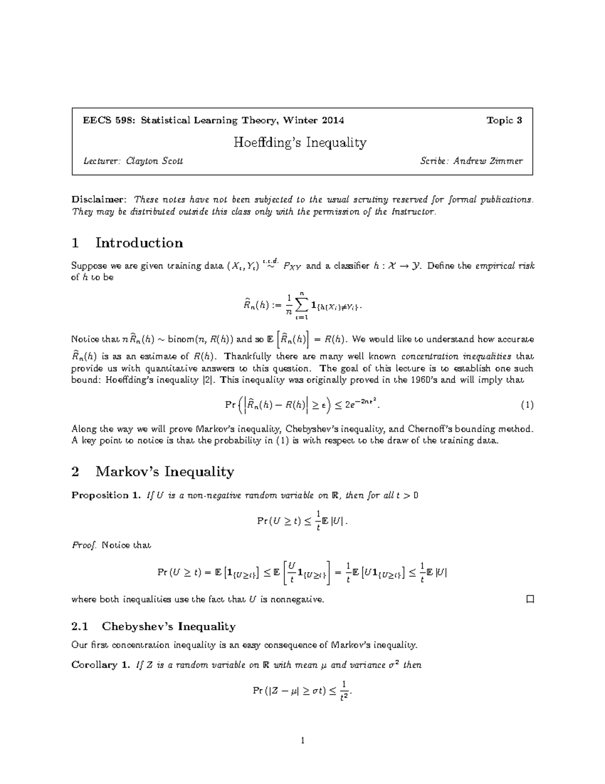 Lecture Notes Lecture 3 Hoeffding Eecs 598 Statistical Learning Theory Winter 2014 Topic