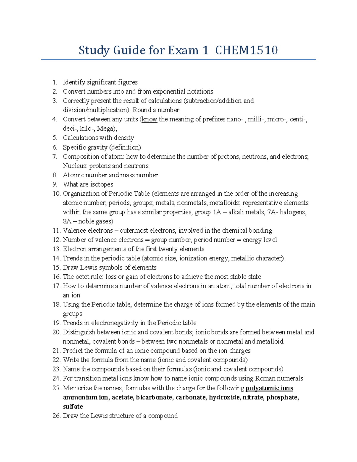 CHEM 1510 Exam 1 Study guide - Study Guide for Exam 1 CHEM Identify ...