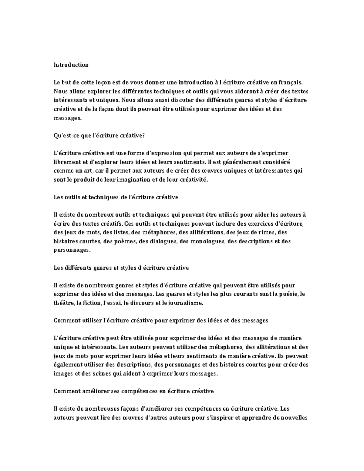 Creative Writing - Introduction Le but de cette leçon est de vous ...