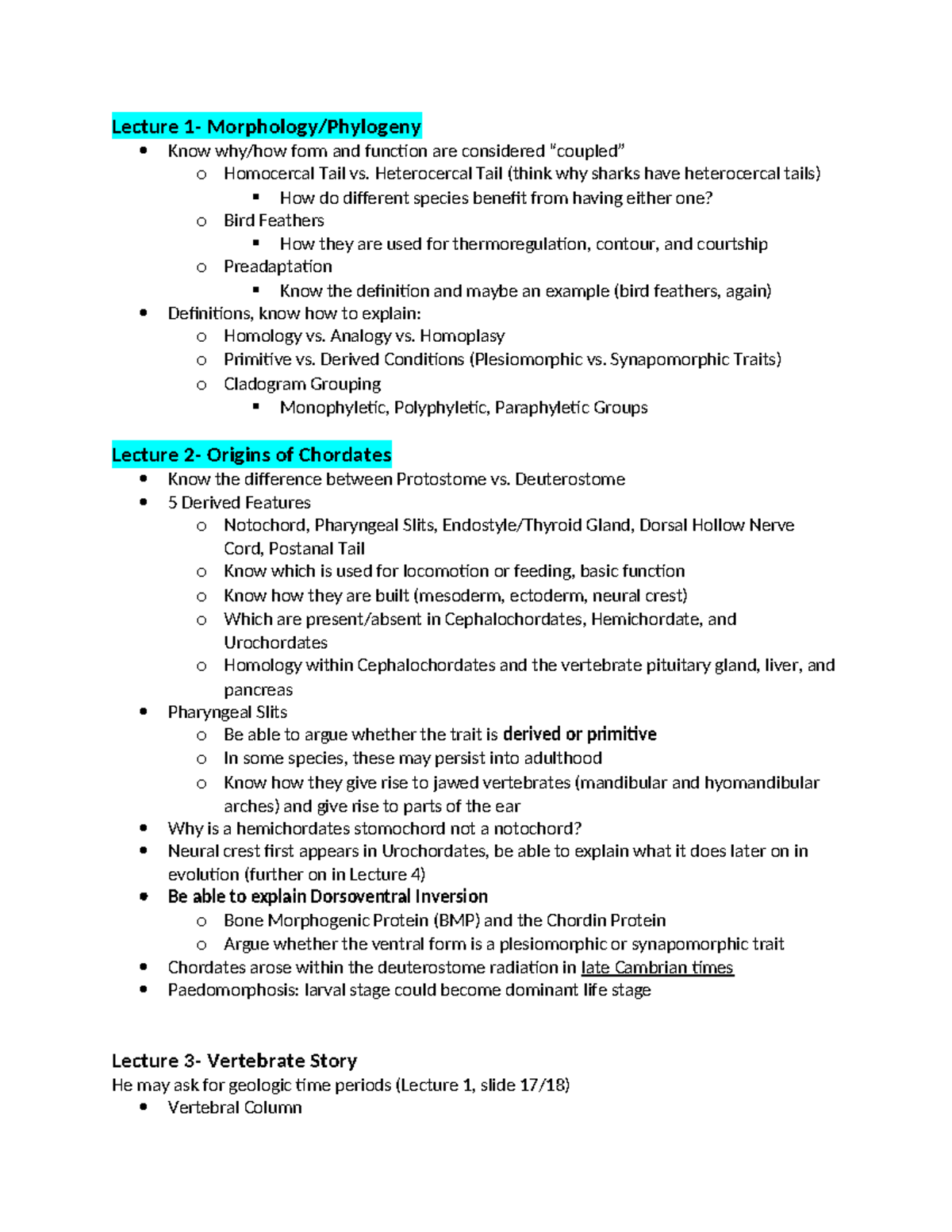 Study Guide 1 - Lecture 1- Morphology/Phylogeny Know why/how form and ...