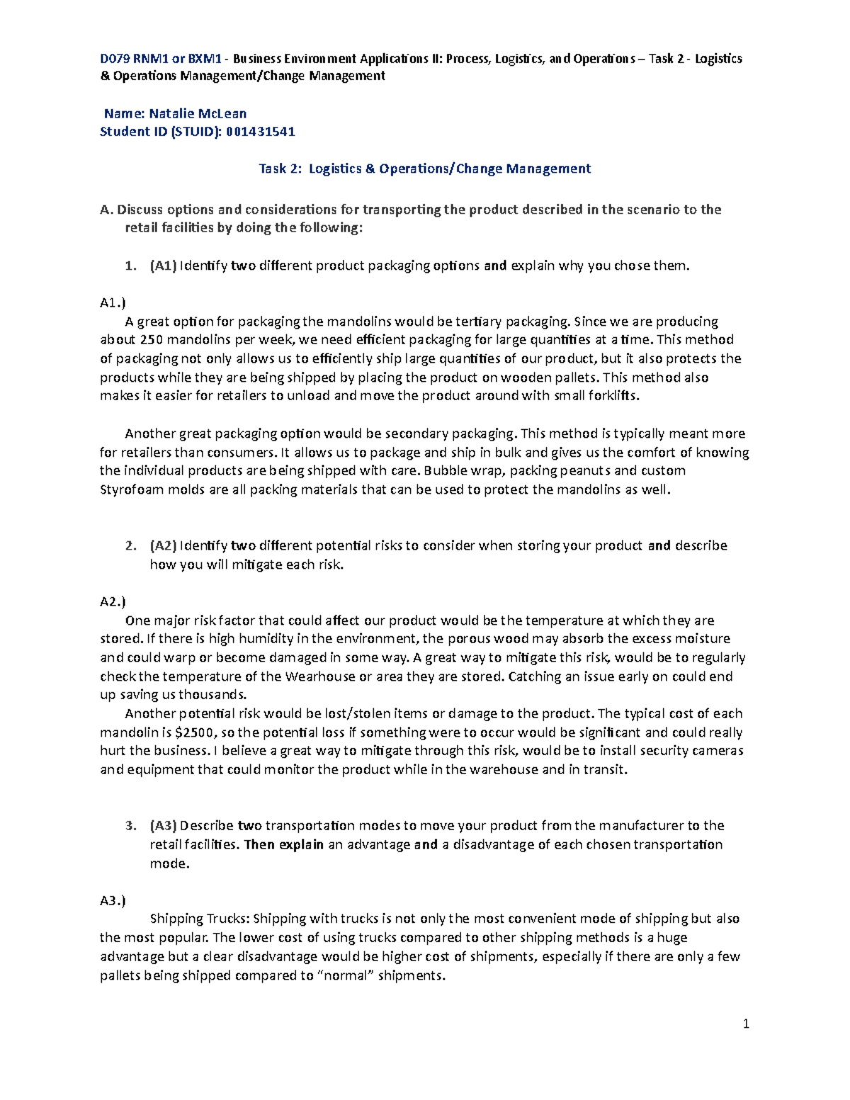 D079 - Task 2 - Grade: A Business Environment Applications II: Process ...