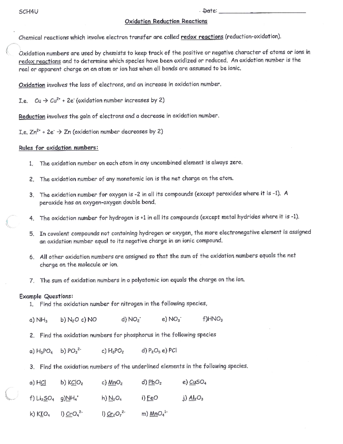01 - Oxidation Numbers Handout - Studocu