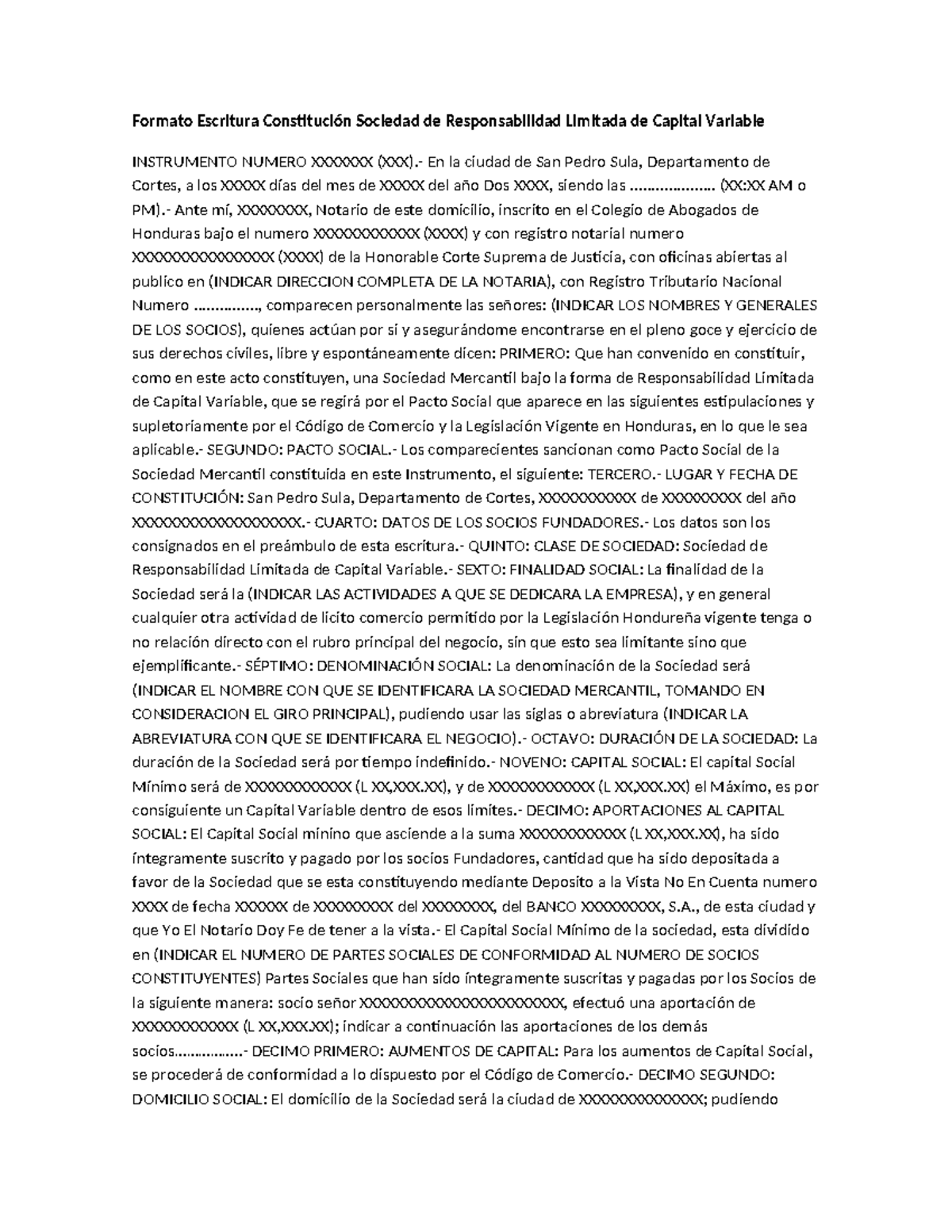 Formato escritura constitucion sociedad de responsabilidad limitada de capital variable ...