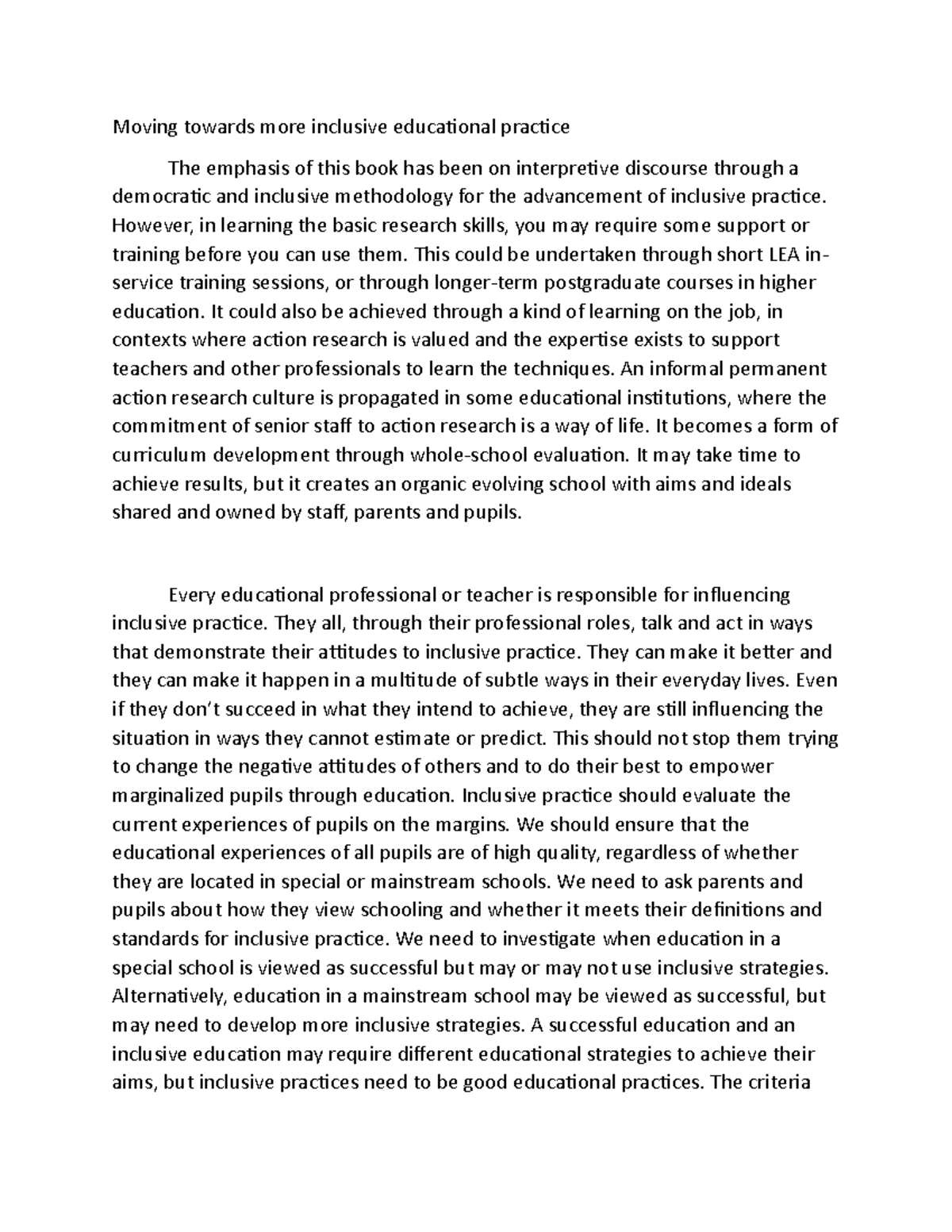 Moving Towards More Inclusive Educational Practice However In Learning The Basic Research