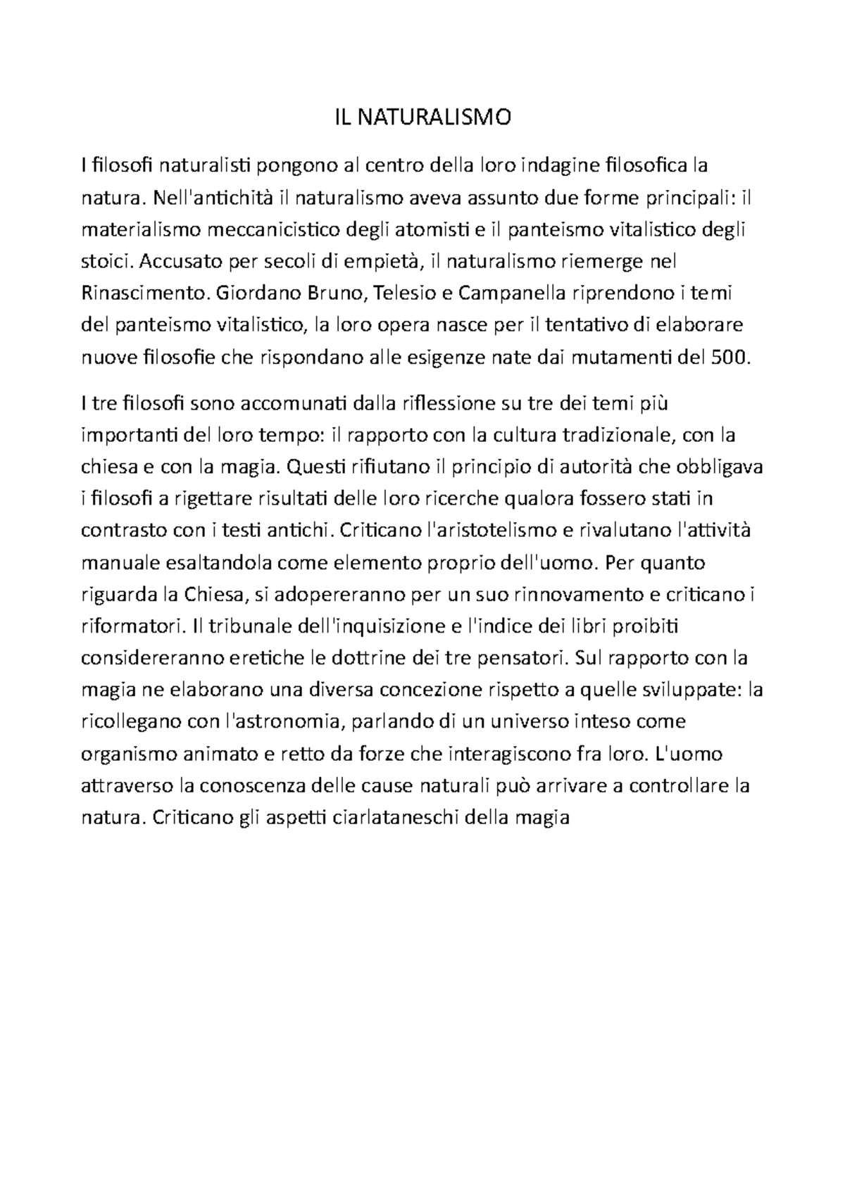 IL Naturalismo - Filosofia (Classico) - Studocu