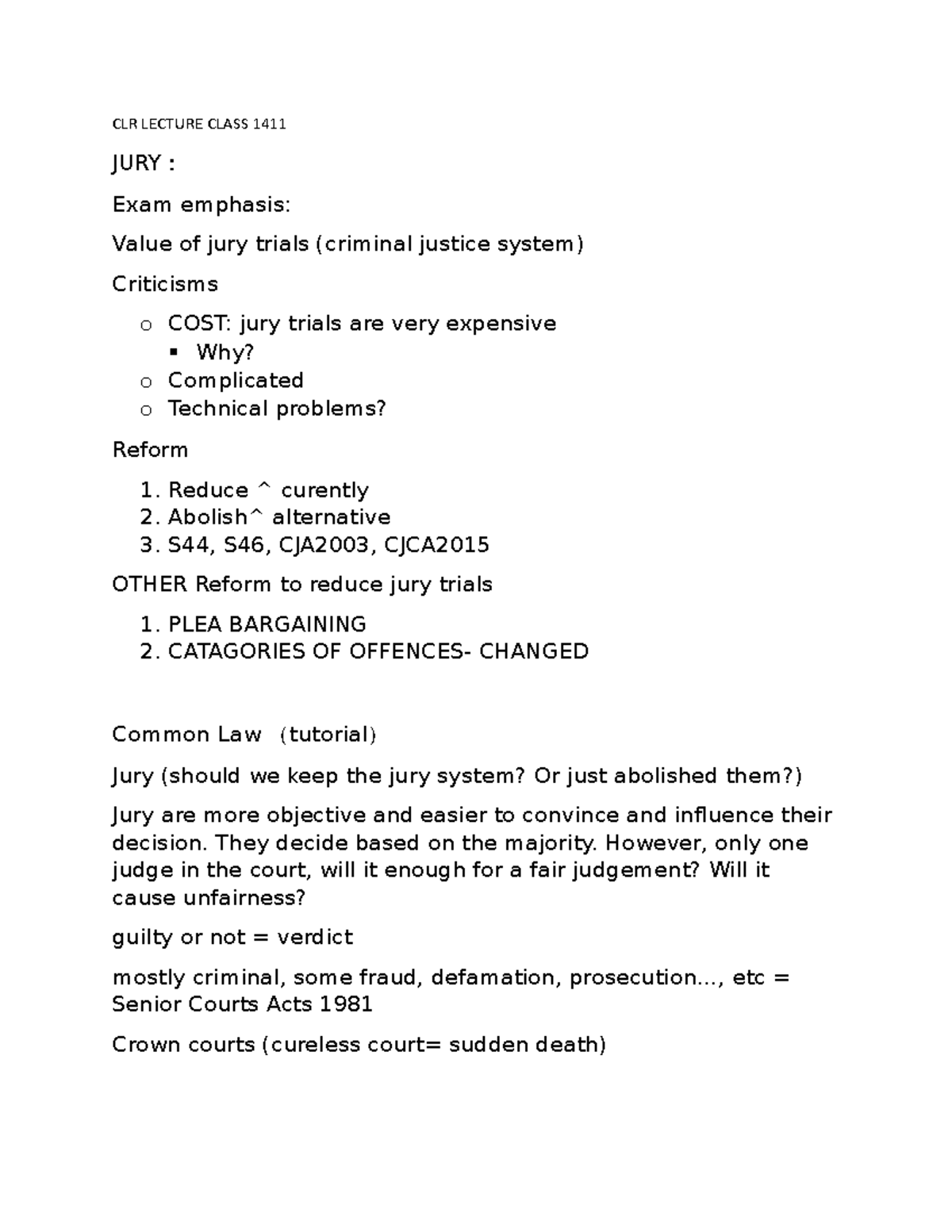 Common Law Reasoning - JURY - CLR LECTURE CLASS 1411 JURY： Exam ...