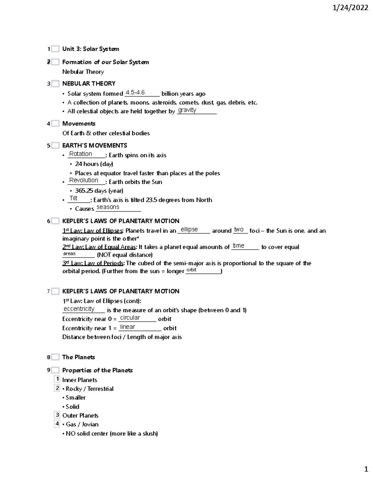 Unit 2 Notes FILL IN - earth science - Unit 3: Solar System Formation ...