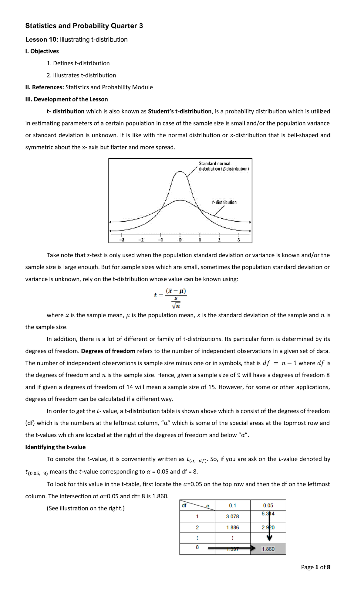 STAT Q3 Lessons 10-13 - Lesson 10 : Illustrating t-distribution I. Objectives 1. Defines - Studocu