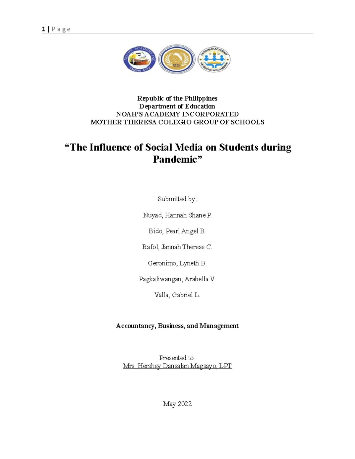 “The Influence of Social Media on Students during Pandemic”- ABM 12 ...