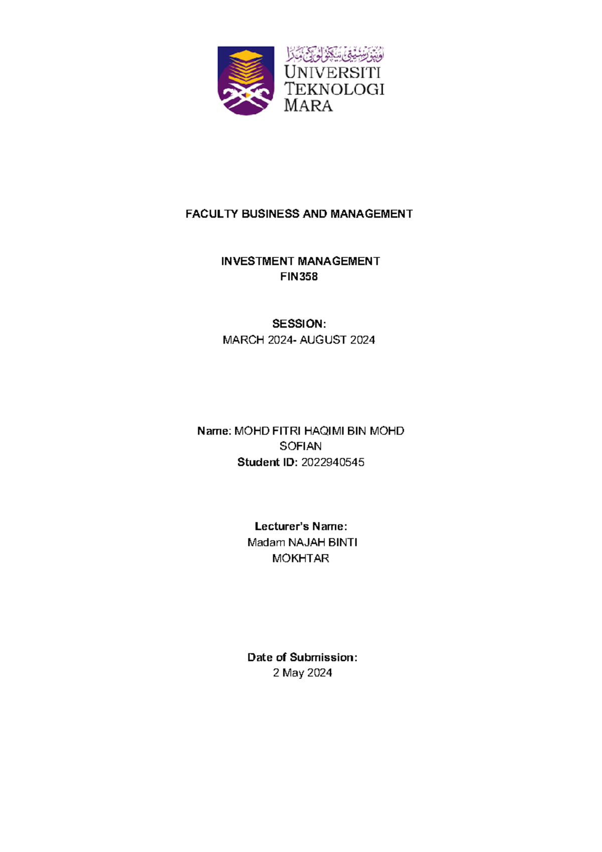 eco261 group assignment - FACULTY BUSINESS AND MANAGEMENT INVESTMENT ...