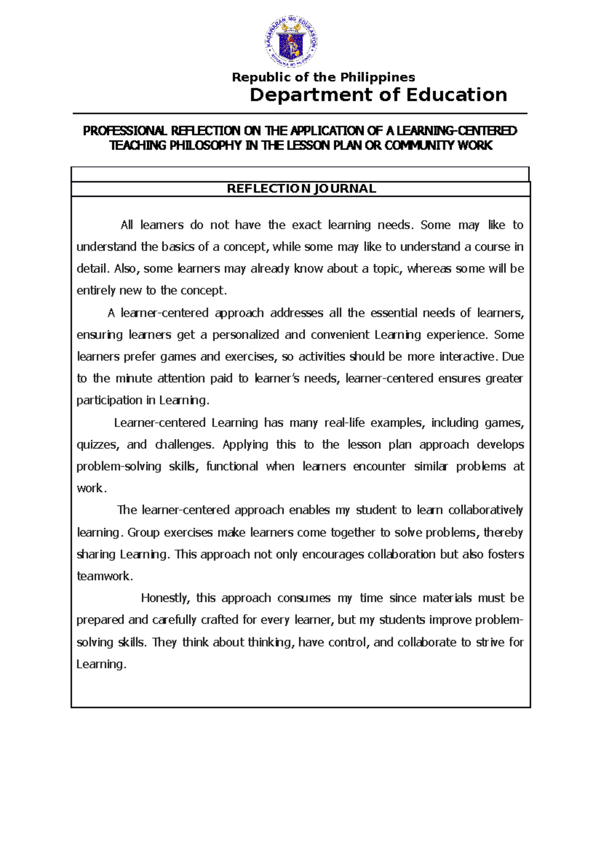 Reflection. Journal­ MOV 13 - Republic of the Philippines Department of ...