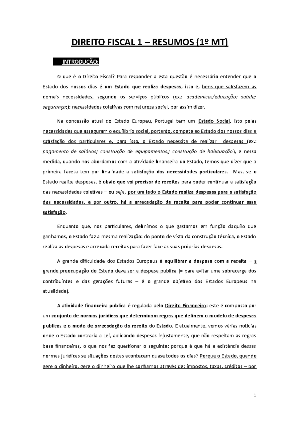 Direito Fiscal 1 - resumos 1º MT - Studocu