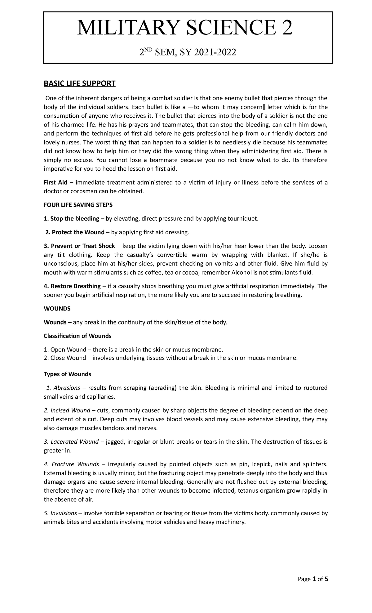 ROTC 4 - ROTC basic life support - BASIC LIFE SUPPORT One of the inherent dangers of being a ...