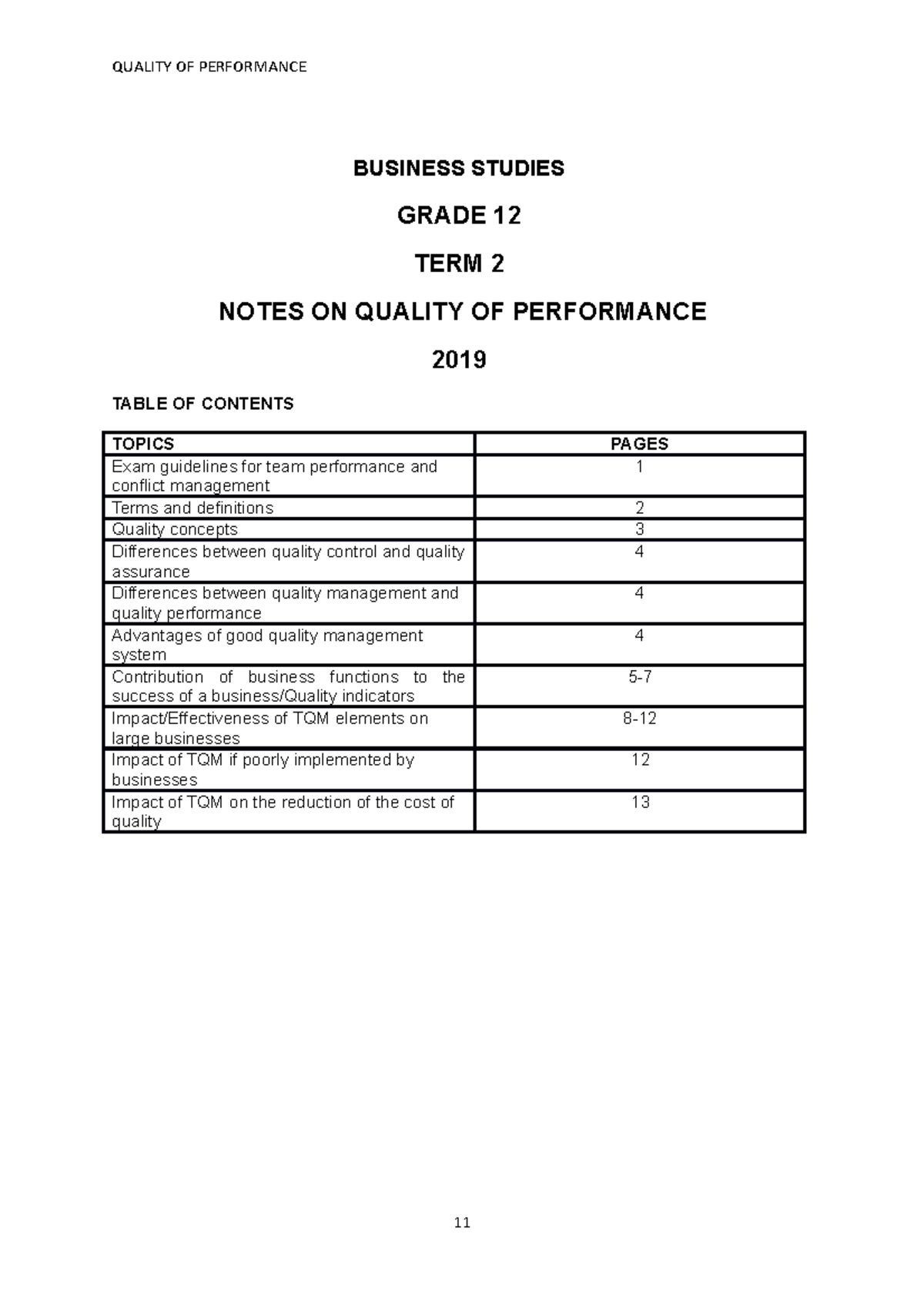 Business Studies Grade 12 Notes ON Quality OF Performance - BUSINESS ...