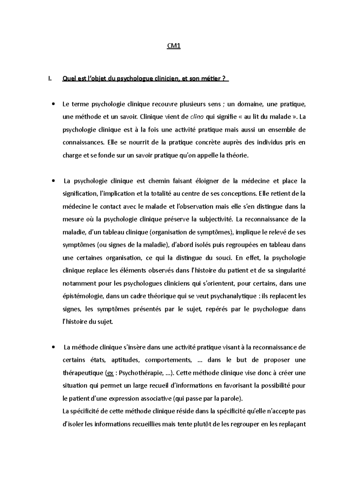 Cours magistral 1 année 1 de psychologie - CM I. Quel est l’objet du ...