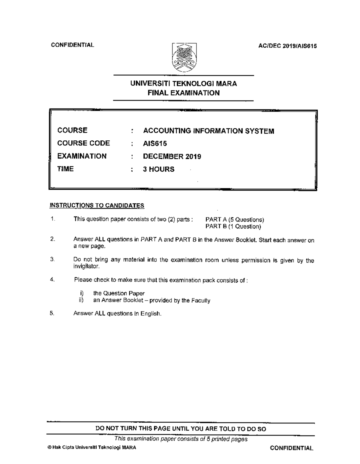 Past Year Question Confidential Course Coursecode Examination Time