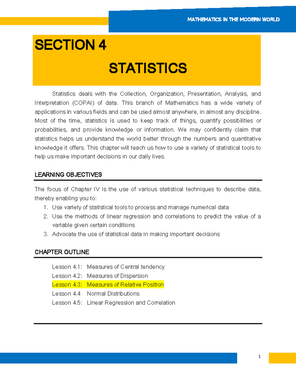 4 - aaewqeqw - SECTION 4 STATISTICS Statistics deals with the ...