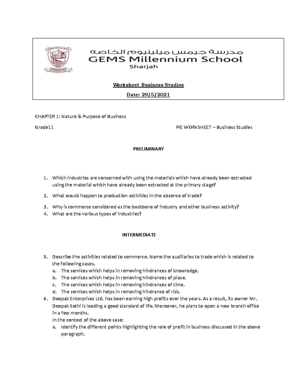 Grade 11 Business Studies PIE Worksheet May - Worksheet Business ...
