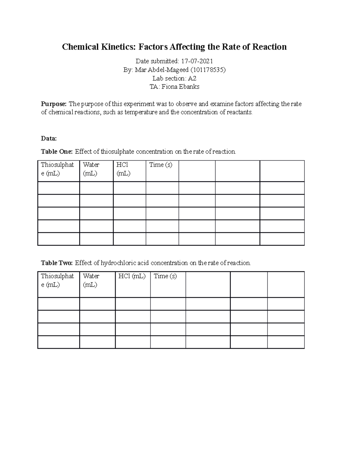 chem 1002 Kin Pre-Lab - Chemical Kinetics: Factors Affecting the Rate ...