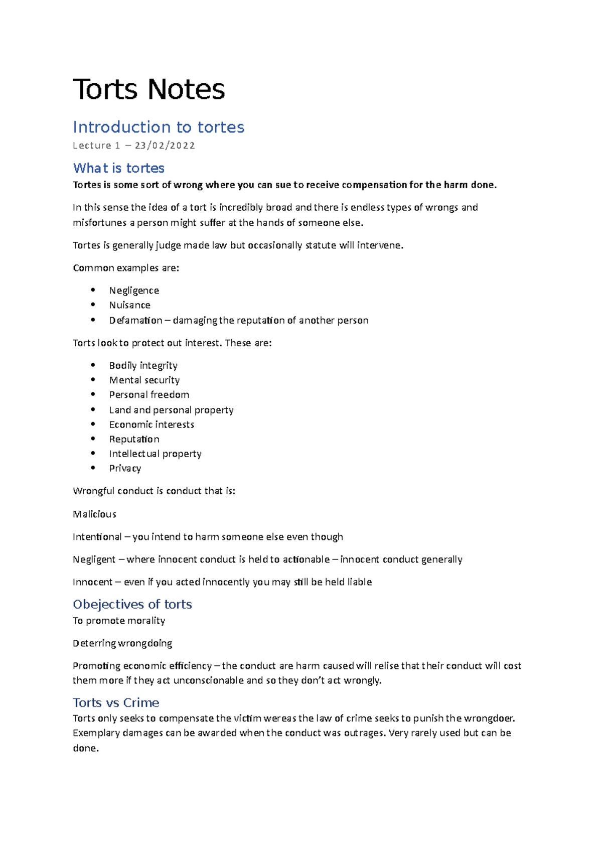 Torts notes - Torts Notes Introduction to tortes Lecture 1 – 23/02 ...
