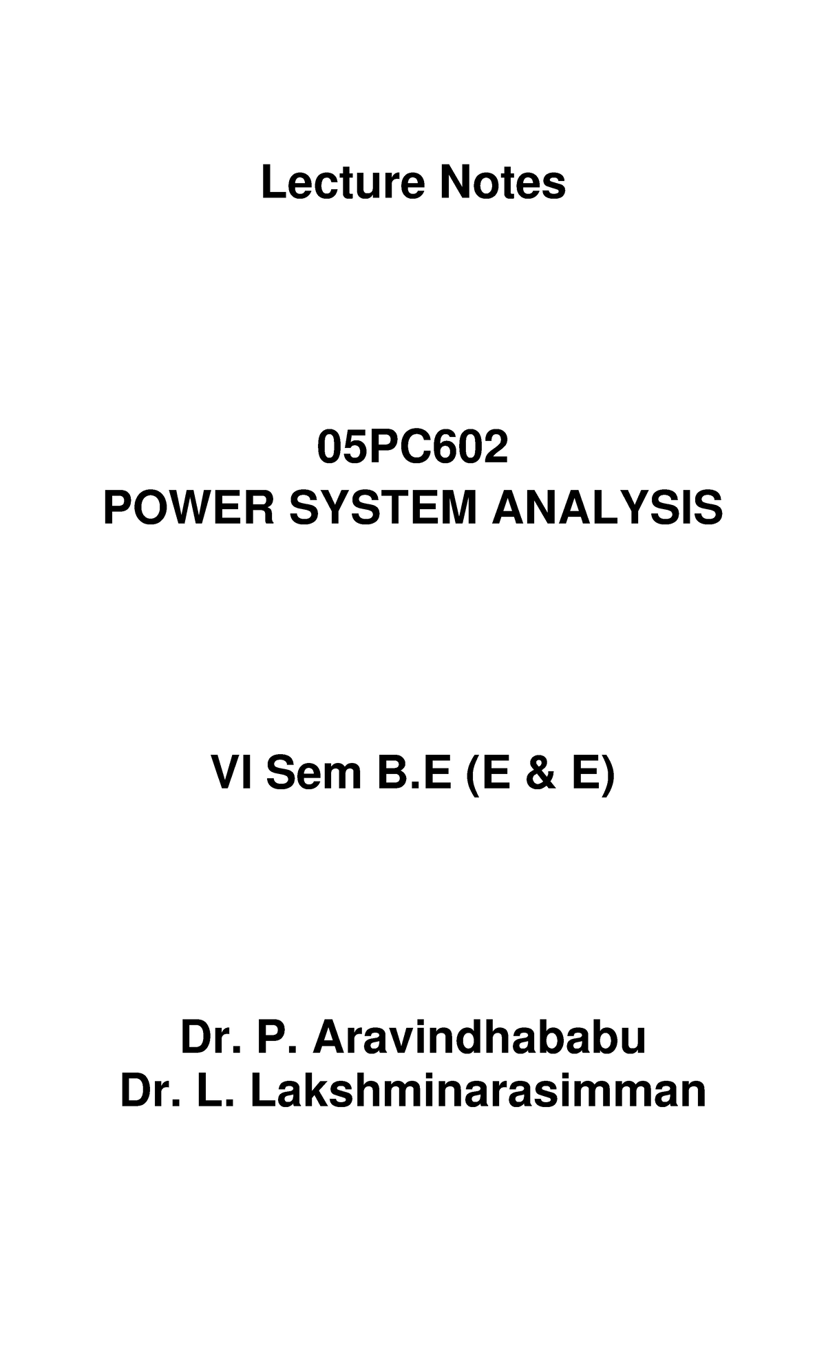 05PC602 Power System Analysis VI Sem BE (E&E) - Lecture Notes 05PC ...