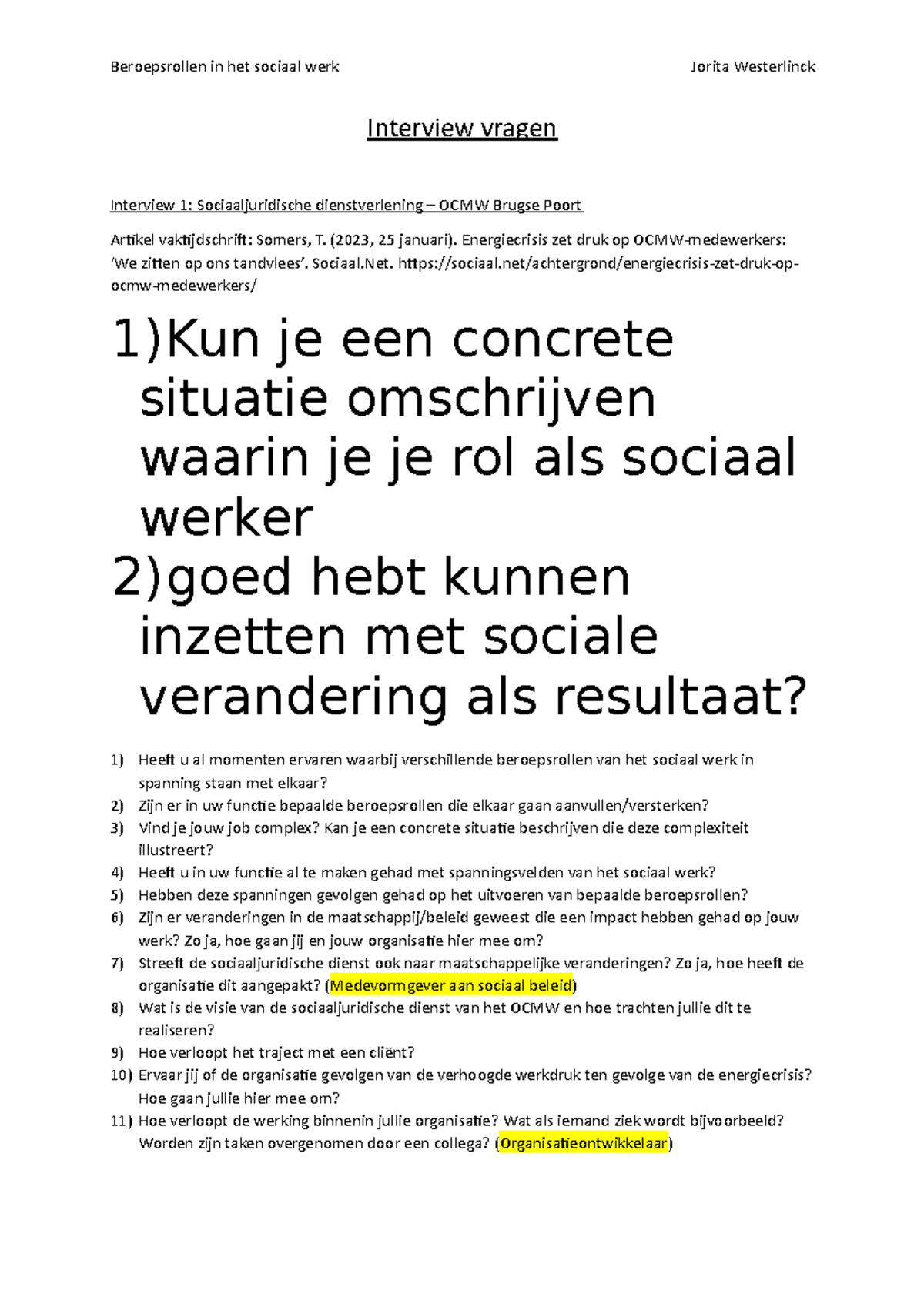 Beroepsrollen - Interview vragen - Interview vragen Interview 1 ...