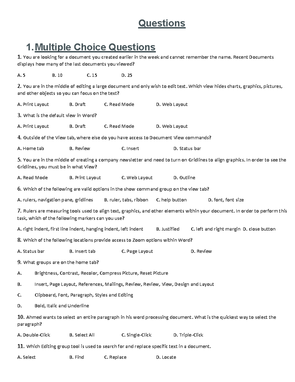 Word Review Questions - Questions 1. Multiple Choice Questions 1. You ...