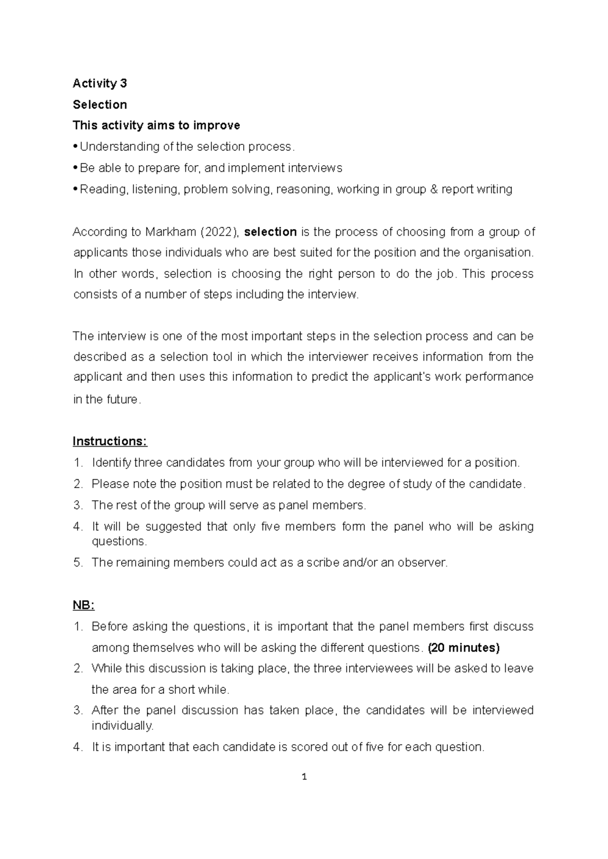 Activity 3 Selection - Activity 3 Selection This activity aims to ...