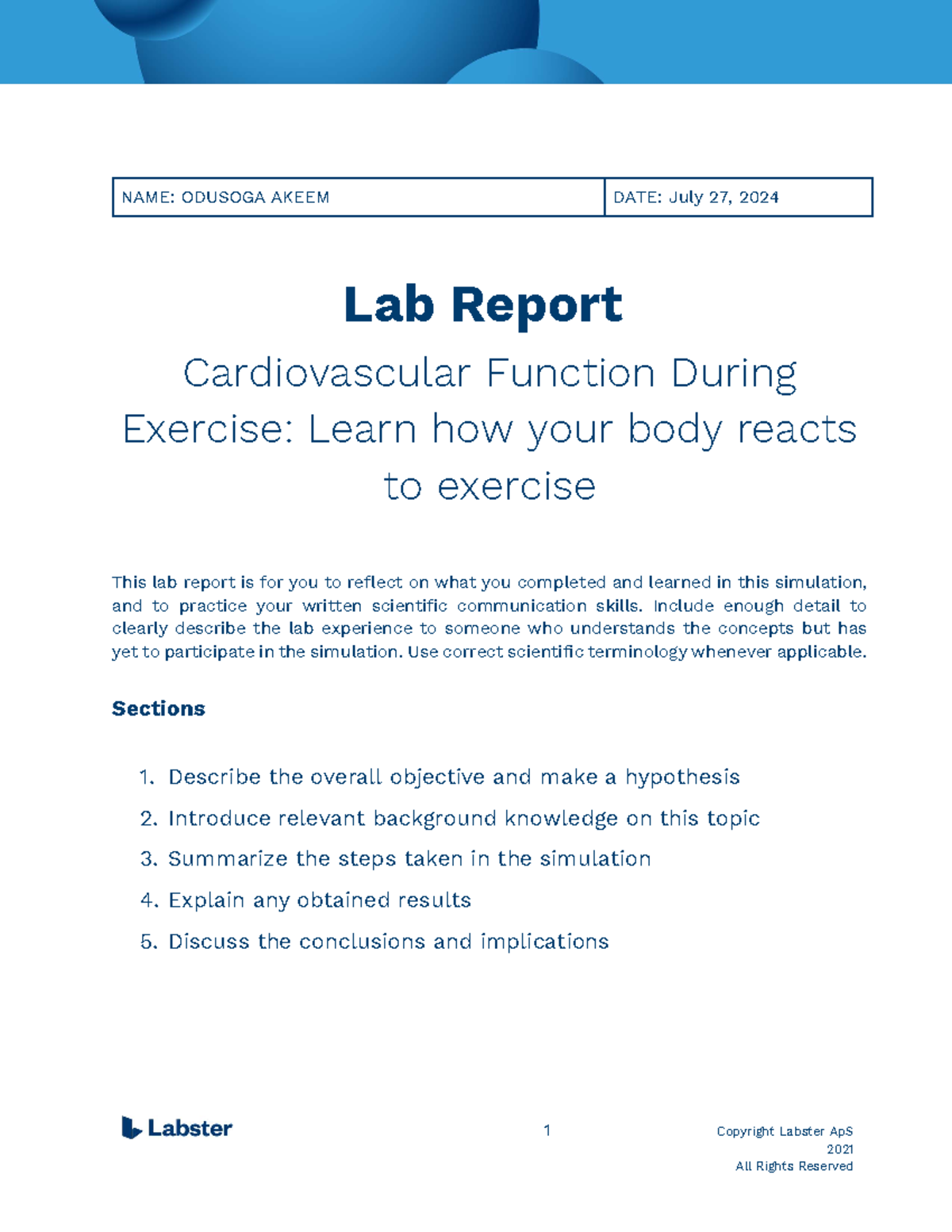 Cardiovascular Function During Exercise 27jul2024 1 Copyright Labster Aps 2021 Name Odusoga