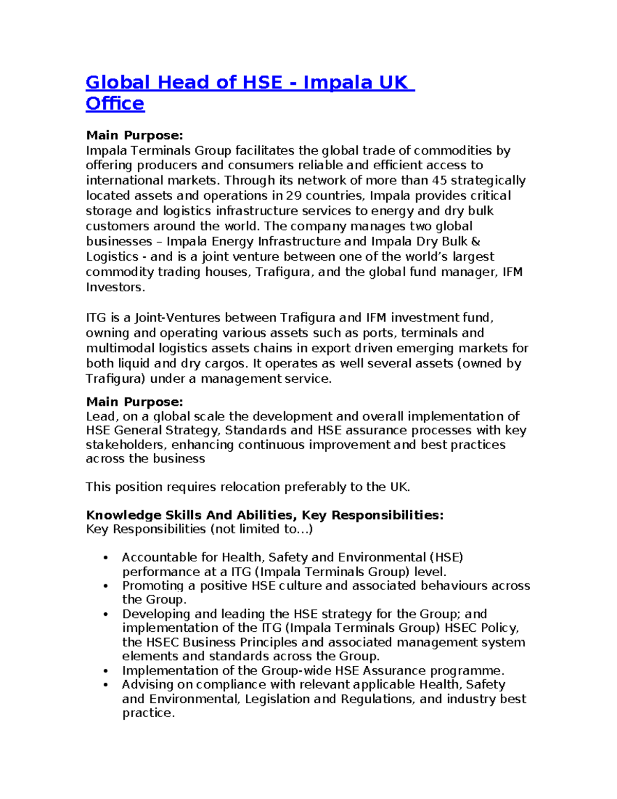 Global Head of HSE - Through its network of more than 45 strategically ...