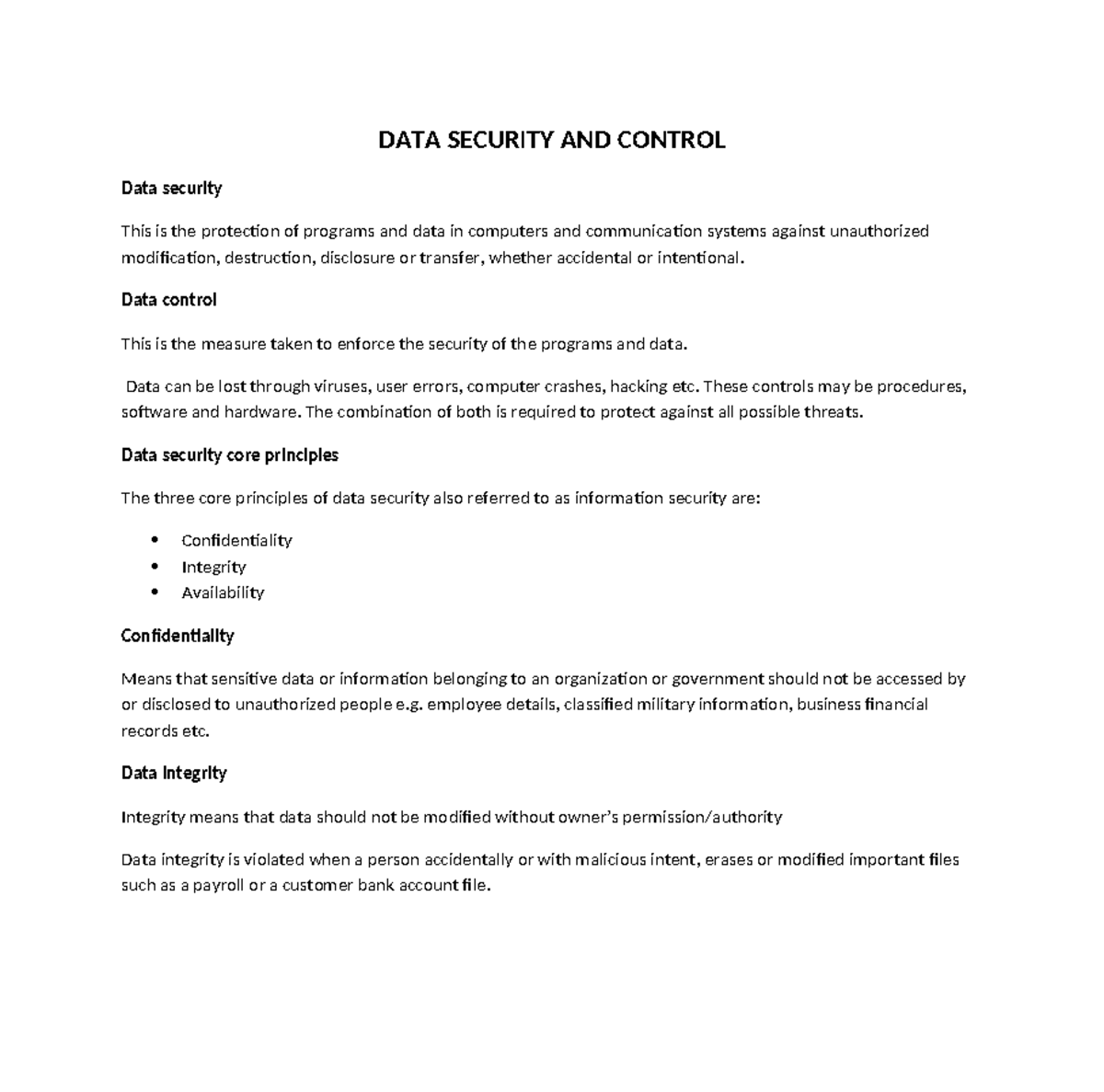 DATA Security AND Control notes - DATA SECURITY AND CONTROL Data ...