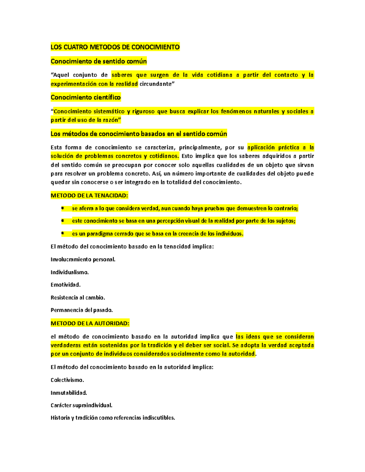 Metodos y tecnicas - LOS CUATRO METODOS DE CONOCIMIENTO Conocimiento de ...