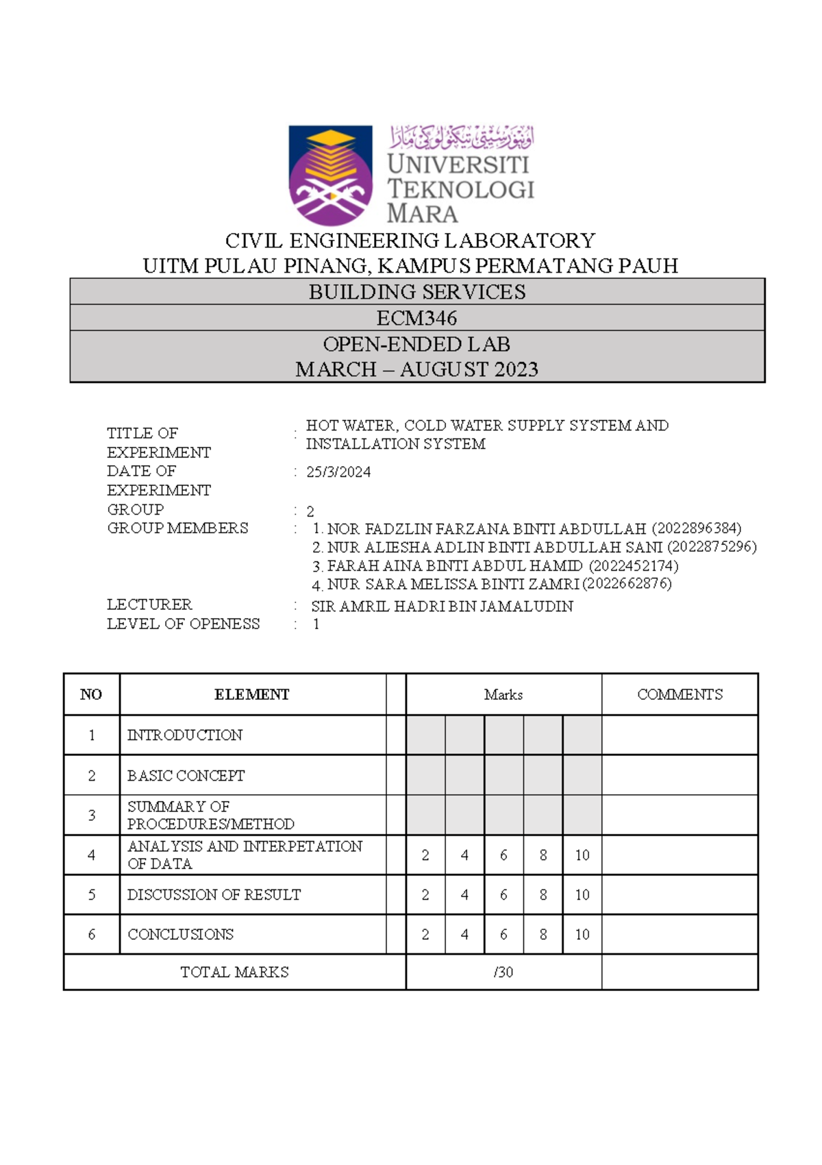 LAB Report 1 ECM346 merged 2 - CIVIL ENGINEERING LABORATORY UITM PULAU PINANG, KAMPUS PERMATANG ...