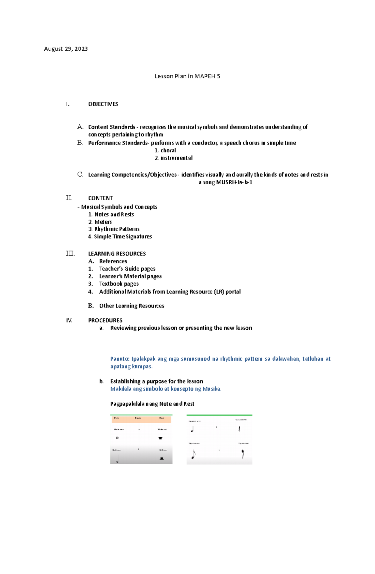 Mapeh Lesson plan - 1111 - August 29, 2023 Lesson Plan in MAPEH 5 I ...